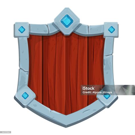돌과 나무 방패 갑옷 흰색 배경에 격리된 만화 스타일의 중세 갑옷 게임 무기 프레임 메뉴 요소 벡터 그림 막는 동작에 대한 스톡 벡터 아트 및 기타 이미지 Istock