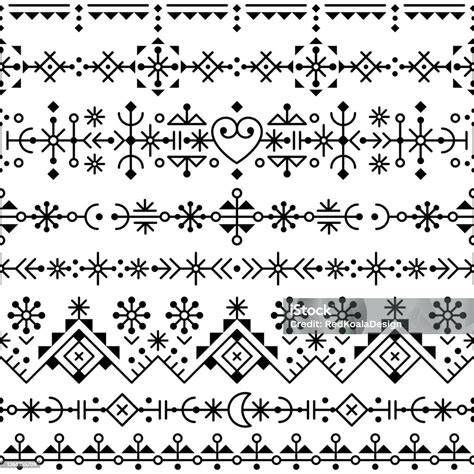 아이슬란드 스타일의 부족 라인 아트 벡터 북유럽 국가의 바이킹 룬 또는 나닛에서 영감을 받은 하트와 기하학적 모양 직물 또는 패브릭 프린트 디자인이 있는 매끄러운 수직 패튼