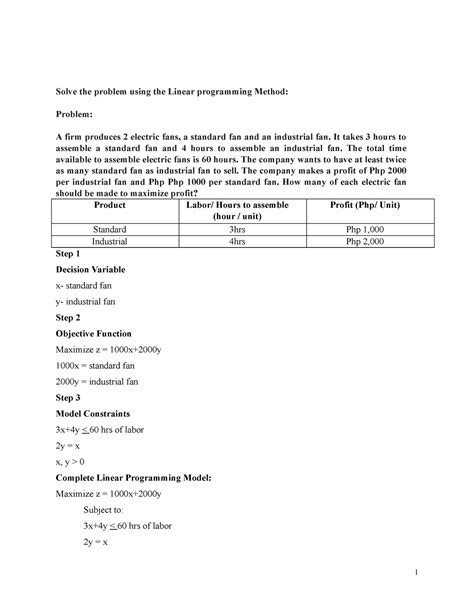 Linear Programming It Takes 3 Hours To Assemble A Standard Fan And 4 Hours To Assemble An