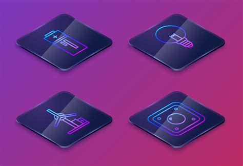 아이소메트릭 라인 배터리 풍력 터빈 전구 및 전등 스위치를 설정합니다 파란색 사각형 버튼입니다 벡터 3차원 형태에 대한 스톡 벡터 아트 및 기타 이미지 Istock