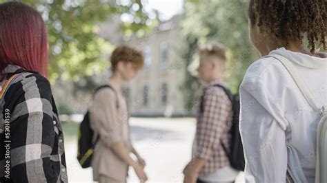 Classmates Watching Fight Between Two Angry School Boys Bullying