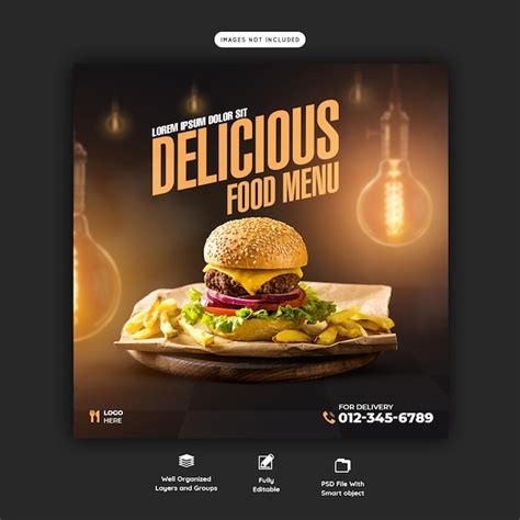 버거 소셜 미디어 프로모션 및 Instagram 배너 포스트 디자인 템플릿 프리미엄 Psd 파일