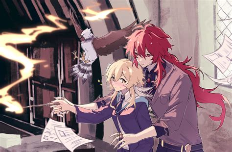 Lumine And Diluc Genshin Impact Drawn By Mao Expuella Danbooru