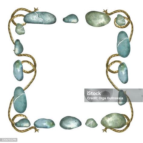 바다를 테마로 한 사각형 프레임 자갈 바다 돌 꼬기 모든 물체는 수채화로 손으로 칠해졌습니다 수채화 삽화 직물 종이 카드 및 초대장에 인쇄하기 위해 그리기에 대한 스톡 벡터