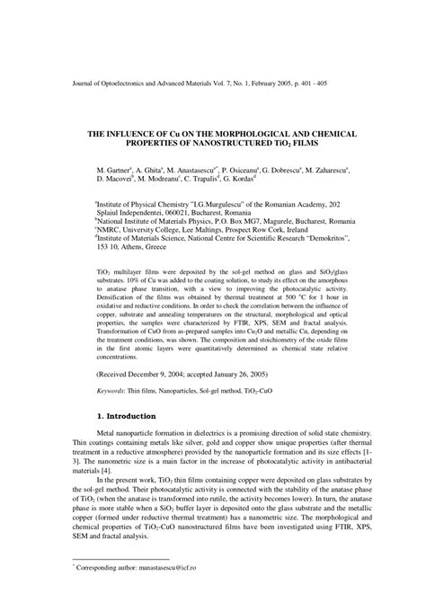Pdf The Influence Of Cu On The Morphological And Chemical Properties Of Nanostructured Tio2 Films