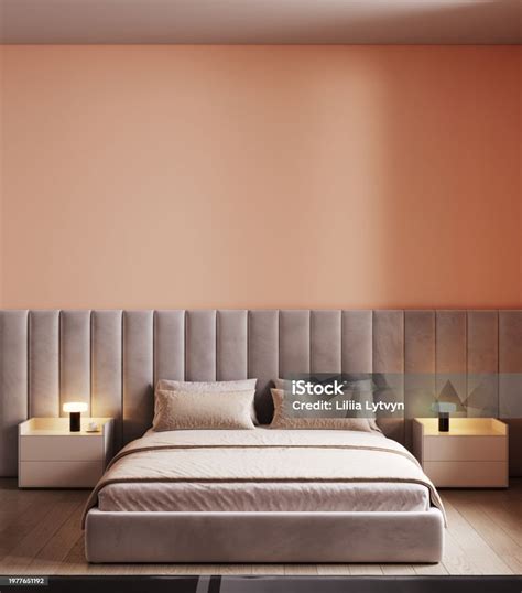 파스텔 톤의 침실 복숭아 솜털 색상 트렌드 2024 년 팬톤 가구 및 배경 현대적인 고급 객실 인테리어 홈 디자인 예술 또는 벽지 그림 Art 3d 렌더링을 위한 빈 페인팅