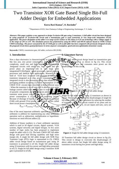 Pdf Two Transistor Xor Gate Based Single Bit Full …full Adder Design
