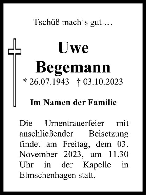 Traueranzeigen Von Uwe Begemann Trauer Anzeigende