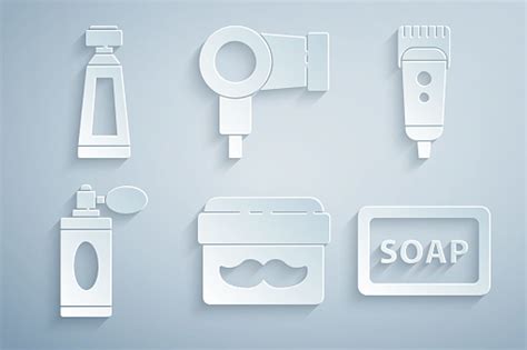 크림 또는 로션 화장품 항아리 전기 이발기 면도기 분무기가 있는 애프터셰이브 병 비누 거품 바 헤어 드라이어 및 튜브 아이콘을 설정합니다 벡터 3차원 형태에 대한 스톡 벡터