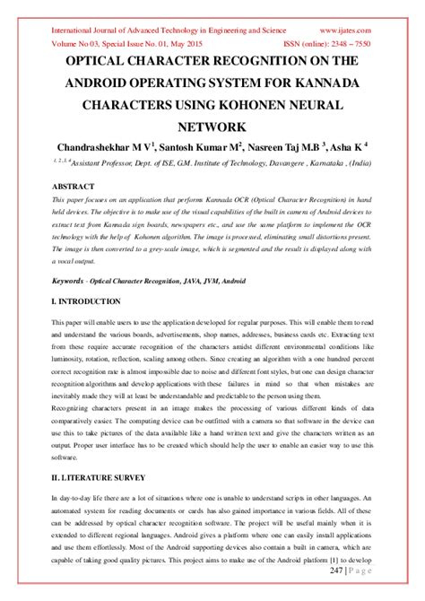 Pdf Optical Character Recognition On The Android Operating System For Kannada Characters Using