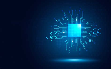 미래 지향적인 칩셋 프로세서 회로 기판 디지털 변환 파란색 추상 기술 배경 혁신적인 기술 블록 체인 인공 지능 클라우드 컴퓨팅 개념입니다 벡터 그림 디지털 전환에 대한 스톡