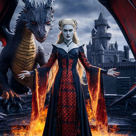눈에 띄는 하얀 피부의 녹색 눈과 긴 금발 머리를 가진 여왕은 복잡한 용의 비늘 무늬로 장식된 우아한 검은 불 같은 붉은 가운을 입고 있습니다 고딕 여왕 성 용 배경