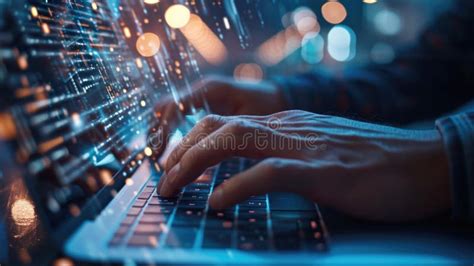 Close Up Of A Person S Hands Typing On A Laptop Keyboard With The Screen Displaying Futuristic