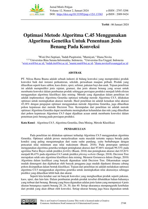 Pdf Optimasi Metode Algoritma C 45 Menggunakan Algoritma Genetika Untuk Penentuan Jenis Benang