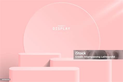 원 모양의 배경으로 사실적인 깨끗한 분홍색 3d 원형 연단 제품 전시 또는 모형을 위한 최소한의 벽 장면 쇼케이스를 위한 무대