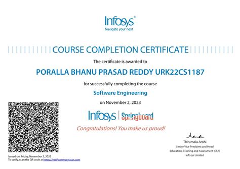 Bhanu Prasad Reddy On Linkedin Infosys Software Engineering Certification