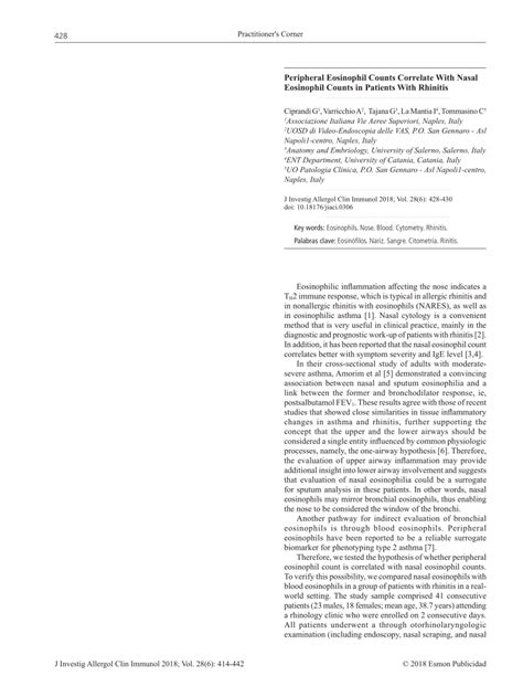 Pdf Peripheral Eosinophil Counts Correlate With Nasal Eosinophil