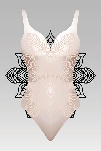 현대적인 디자인 베이 지 색상 만다라 장식으로 여름 수영복 패션 벡터 일러스트입니다 디자인 여름 천에 대 한 만다라 검은 색