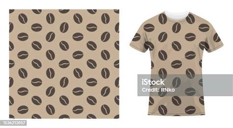 반팔 코튼 스포츠 티셔츠는 커피 콩 식물 이음매없는 패턴의 곡물을 장식했습니다 좋은 기분을위한 아침 음료 편안한 여름 옷 직물 및 직물 디자인을 위한 벡터 장식 Home