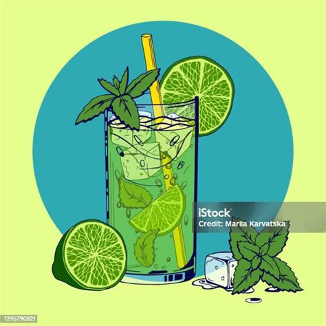 추상 벡터 일러스트 레모네이드 모히토 상쾌한 칵테일 감귤 주스 투명 한 음료 빨대 라임 조각과 얼음 조각 유리 밝은 배경에 스케치 스타일의 다채로운 이미지 레모네이드에 대한