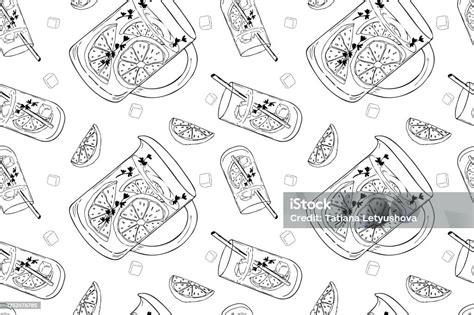 얼음 큐브 잎 라임이 있는 모히토 칵테일이 있는 매끄러운 패턴 인쇄 배경 종이 직물 벽지 질감을위한 레스토랑 메뉴 및 와인 목록 스케치 스타일의 벡터 일러스트레이션 0명에