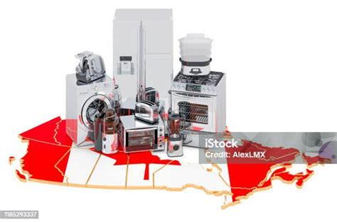 캐나다지도에 부엌과 가전 제품 생산 쇼핑 및 배달 개념 흰색 배경에서 격리된 3d 렌더링 3차원 형태에 대한 스톡 사진 및 기타 이미지 Istock