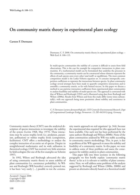 Pdf On Community Matrix Theory In Experimental Plant Ecology