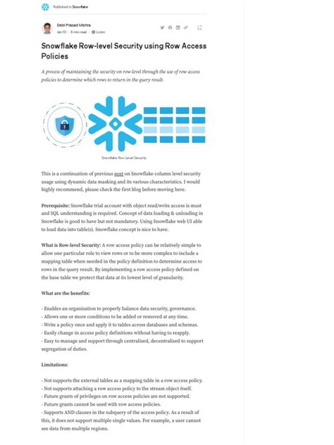 Snowflake Row Level Security Using Row Access Policies By Debi Prasad