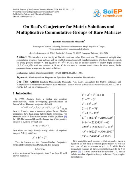 Pdf On Beals Conjecture For Matrix Solutions And Multiplicative Commutative Groups Of Rare