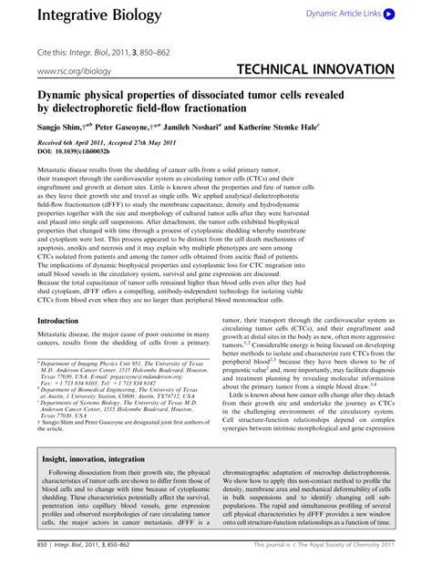 Pdf Dynamic Physical Properties Of Dissociated Tumor Cells Revealed By Dielectrophoretic Field