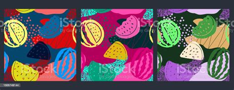 수박과 추상적인 반점 질감 패턴 벡터 색상의 원활한 패턴입니다 인쇄 디자인 직물 벽지 종이 세 가지 모델 세트 다중 색상에 대한 스톡 벡터 아트 및 기타 이미지 Istock