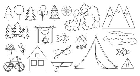 벡터 흑백 여름 캠프 세트 숲 삼림 자연 요소 수집 야외 활동 관광 및 스포츠 개요 아이콘은 나무 폭포 보트 자전거 캠프 파이어 텐트 산팩 나무에 대한 스톡 벡터 아트 및