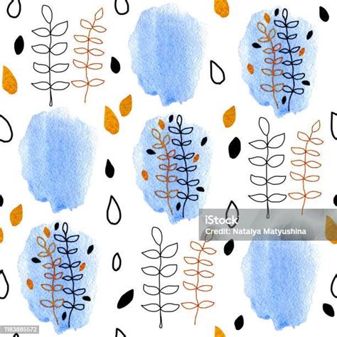 수채화 얼룩과 꽃과 원활한 패턴 배경 표지 스티커 템플릿 화장품의 디자인을위한 금과 흰색 배경에 손으로 고립 된 그림 금 금속에 대한 스톡 벡터 아트 및 기타 이미지