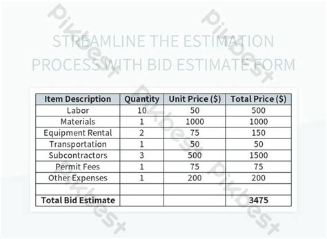 Streamline The Estimation Process With Bid Estimate Form Excel Template Free Download Pikbest