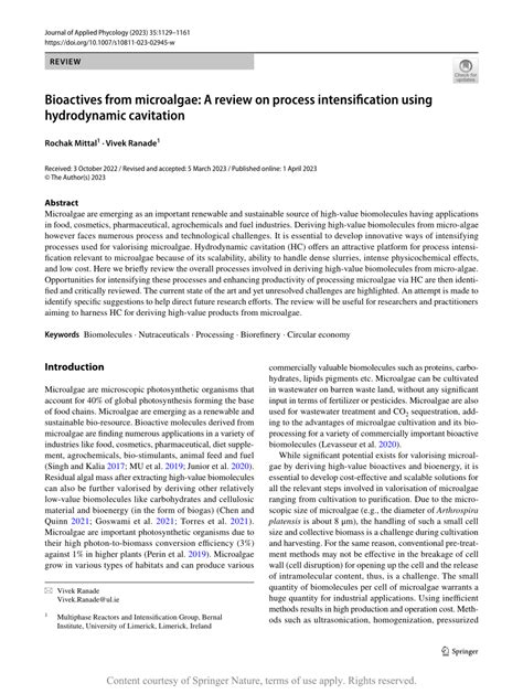 Pdf Bioactives From Microalgae A Review On Process Intensification Using Hydrodynamic Cavitation
