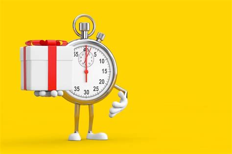 빨간 리본 3d 렌더링이 있는 현대 스톱워치 만화 사람 캐릭터 마스코트 및 선물 상자 프리미엄 사진