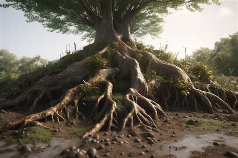 Premium AI Image A Tree With The Roots Exposed And The Roots Exposed
