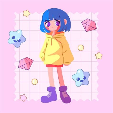 옷을 입은 애니메이션 소녀 베이스 베이스 기타를