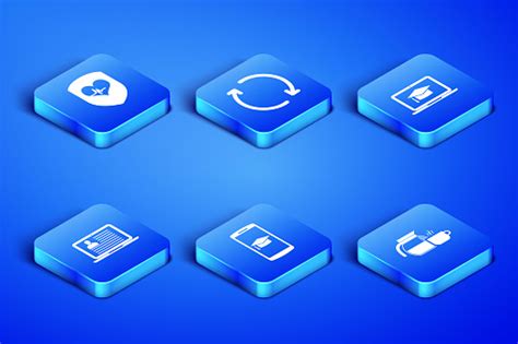 컵 쉴드 및 심박수 모바일의 졸업 캡 노트북 이력서 새로 고침 및 노트북 아이콘으로 커피 포트를 설정합니다 벡터 3차원 형태에 대한 스톡 벡터 아트 및 기타 이미지 Istock