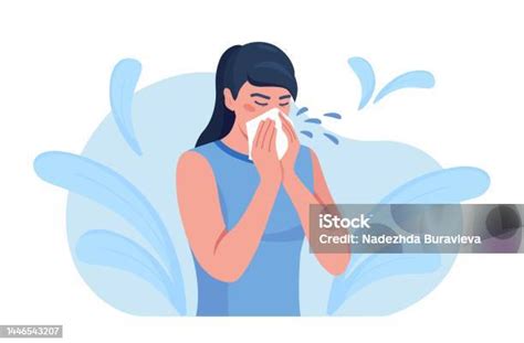 여성 캐릭터 재채기 조직에서 기침 바이러스 감염에 대한 예방 아픈 여자는 손수건에 재채기를 하여 세균이 입에서 날아가는 것을