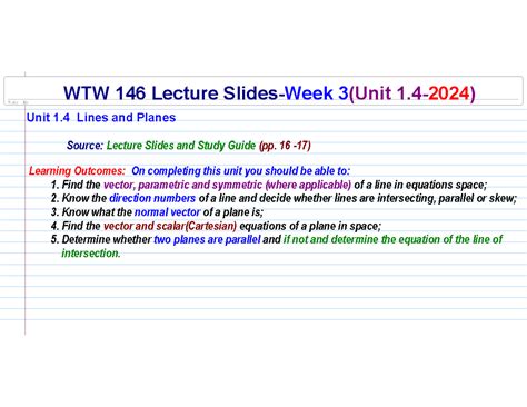 Wtw 146 Lecture Slides Week 3unit 1 Unit 1 Lines And Planes Source