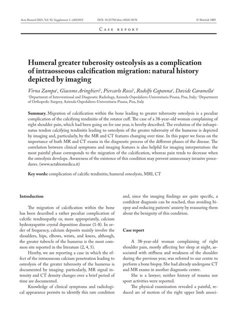 Pdf Humeral Greater Tuberosity Osteolysis As A Complication Of Intraosseous Calcification