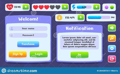 user interface for mobile game app ui kit of icons progress bars buttons pop ups stock