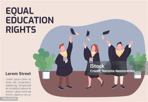 평등 교육 권리 배너 플랫 벡터 템플릿 대학 대학 브로셔 만화 캐릭터가있는 포스터 컨셉 디자인 장학금 기회 수평 전단지 텍스트