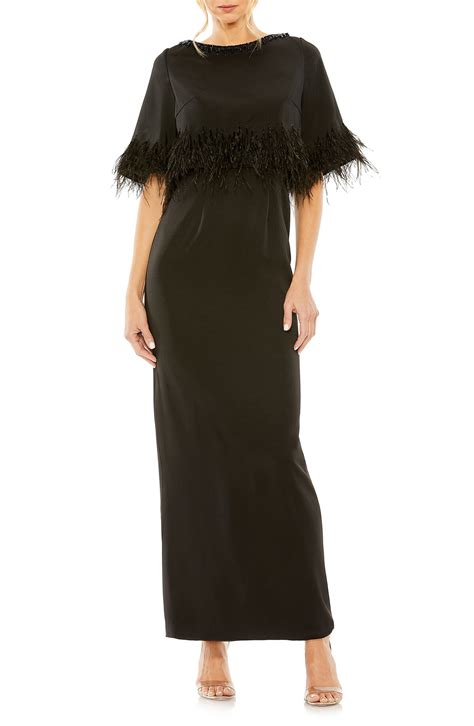 Mac Duggal Embellished Neck Feather Trim Cocktail Dress Black Editorialist