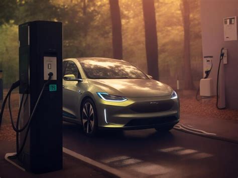 흐릿한 Nat에 전원 케이블 공급 장치가 연결된 충전소의 Ev 자동차 또는 전기 자동차 프리미엄 사진