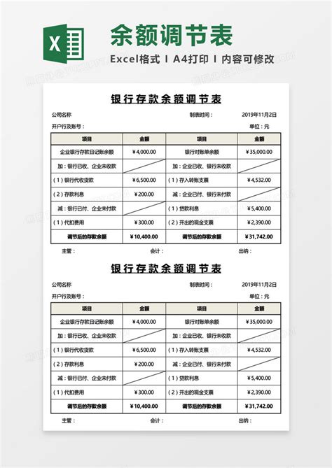 实用财务银行存款余额调节表excel模板下载 熊猫办公