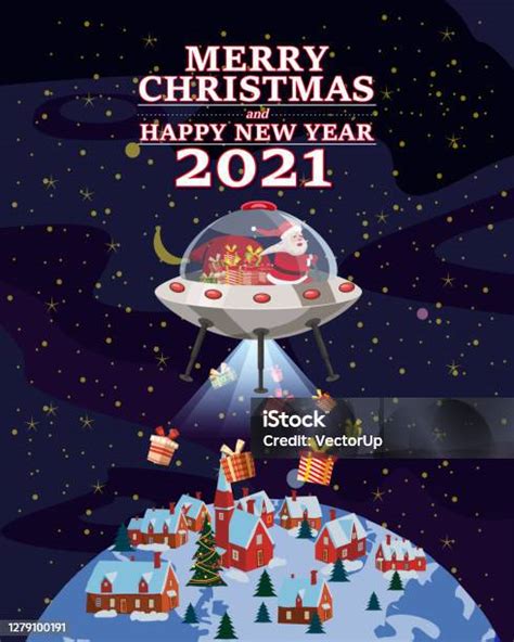 산타 클로스 반 텍스트 메리 크리스마스와 새해 복 많이 받으신 새해 2021 운송 선물을 제공하는 Ufo 우주선 비행 접시에서 비행 산타 클로스에 대한 스톡 벡터 아트 및