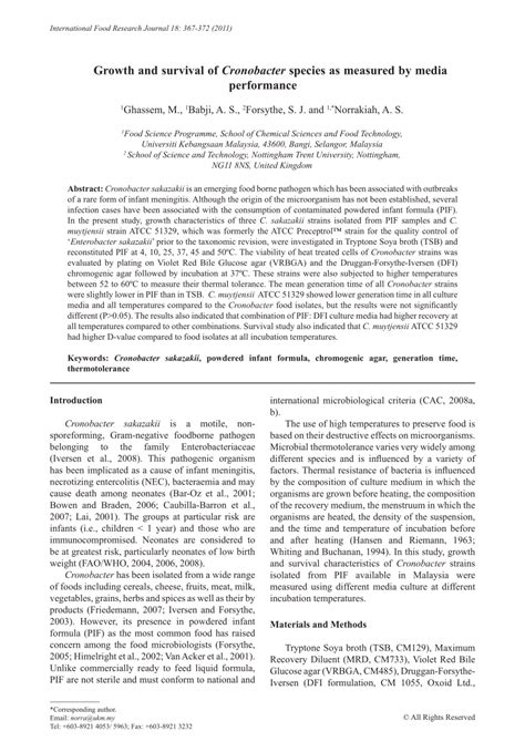 Pdf Growth And Survival Of Cronobacter Species As Measured By Media