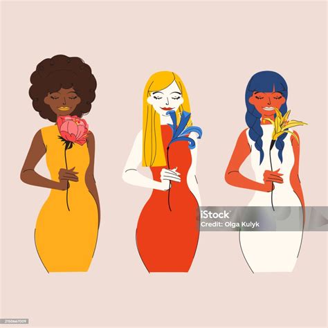 꽃을 들고 있는 다양한 인종의 여성 컬렉션입니다 로맨틱한 선물 뭉치를 손에 들고 있는 행복한 소녀들의 집합입니다 어머니의 날 발렌타인 데이 여성의 날 평면 벡터 그림